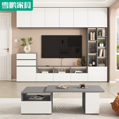 简约组合电视柜客厅家用书柜一体背景墙柜可定制吊柜收纳柜6D95