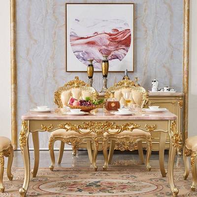 欧式理实木餐花桌大石面餐厅餐桌椅组合全实雕香槟金色HFH方形木