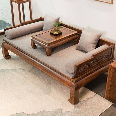 新中式实木罗用汉床三件两推拉罗汉榻LC103厅床榻榆木沙发简约套