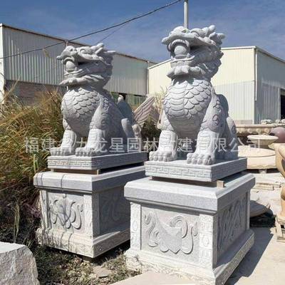 制汉白晚霞红石麟雕麒麟一对大门青石SD-302仿古玉花定岗岩石雕麒