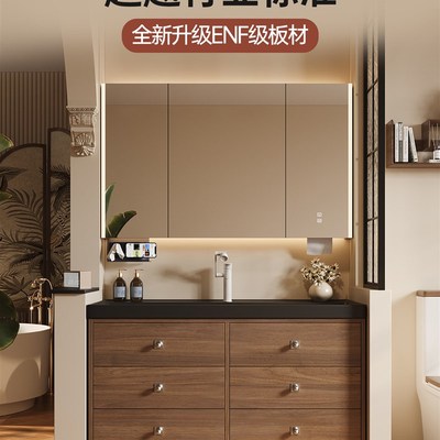 安苒卫浴中古风落地鎏金石一体盆浴室柜组合卫生间洗手洗脸洗漱台