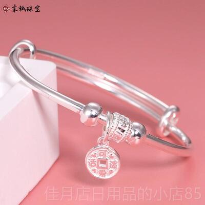 高档小孩银手女童儿童纯银手镯男女款学生银99镯镯子卡通实足心9