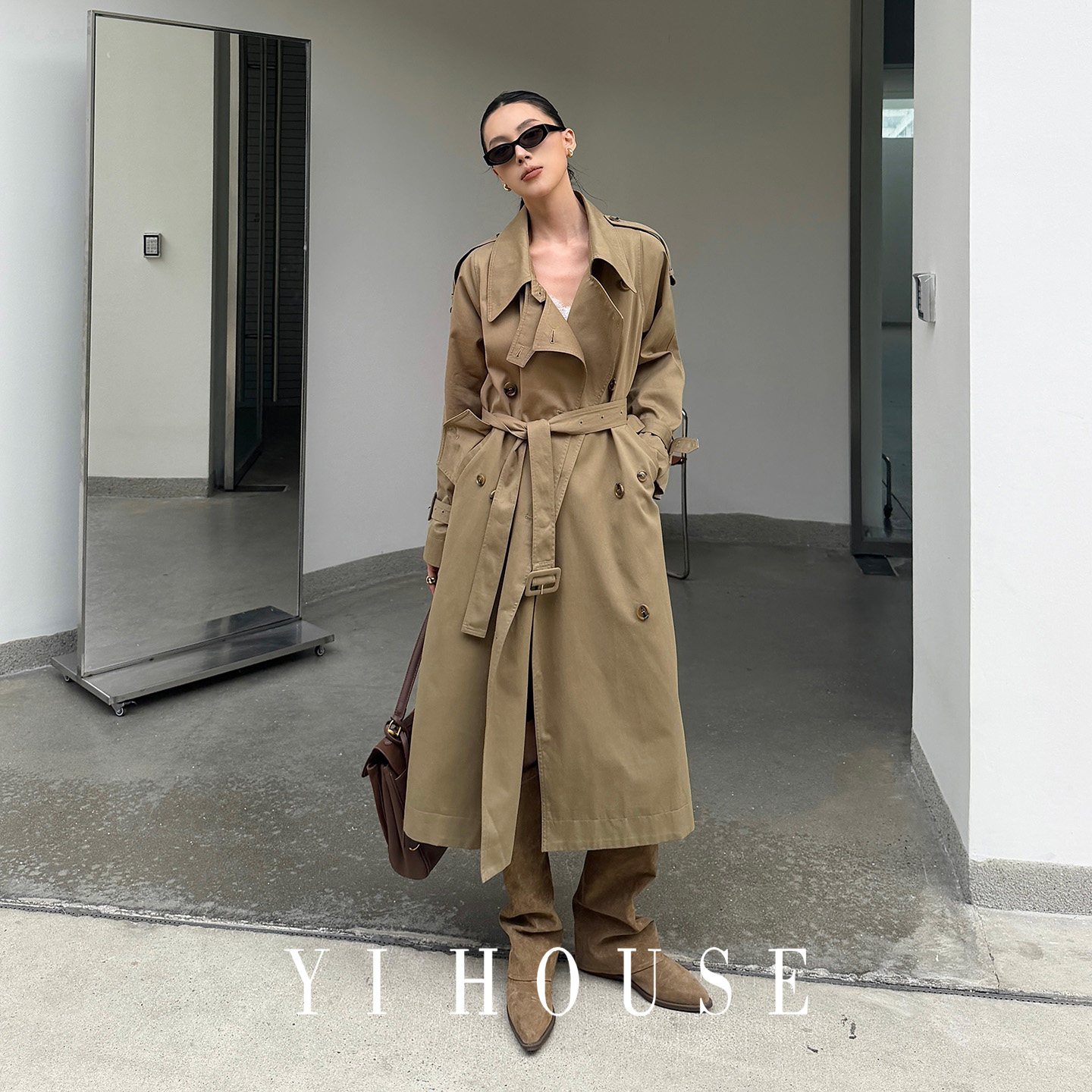 YIHOUSE 英伦风双排扣系带风衣外套女中长款2026秋新款设计感大衣