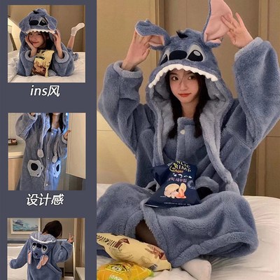 浴袍洗完澡穿的可爱卡通史迪仔情侣款一对男女吸水速干珊瑚绒加厚