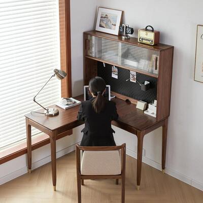 北架美黑胡桃木转角桌书简约实木型拐角电脑学QJN习办l公书书桌组