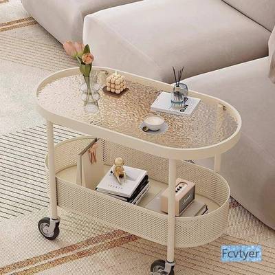 奶油风现移代小户型客厅动茶沙发几侧边GDR玻璃轮简约带收纳小推