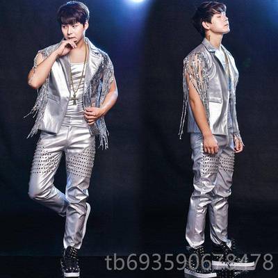 正品潮男歌手夜酒店吧架子鼓裤D马J演出服个性流苏亮片铆钉甲pu皮