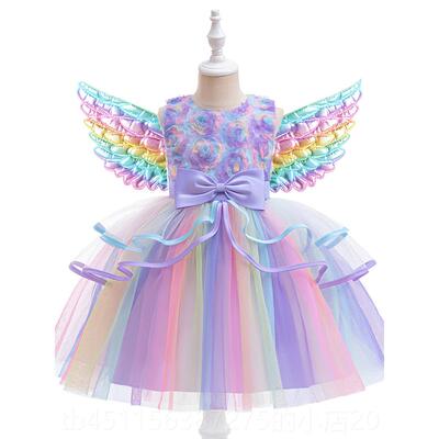 高档女无袖连衣裙高夏新童款女礼宝六一翅膀花朵服裙洋气儿童端公