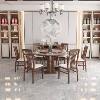 新木中式乌金木实圆餐桌椅组合轻奢圆现代盘简约带转形111101饭桌