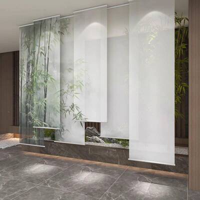 新中式卷客厅办公YMD87462室书房半透明印花餐厅隔可断挂帘做电动