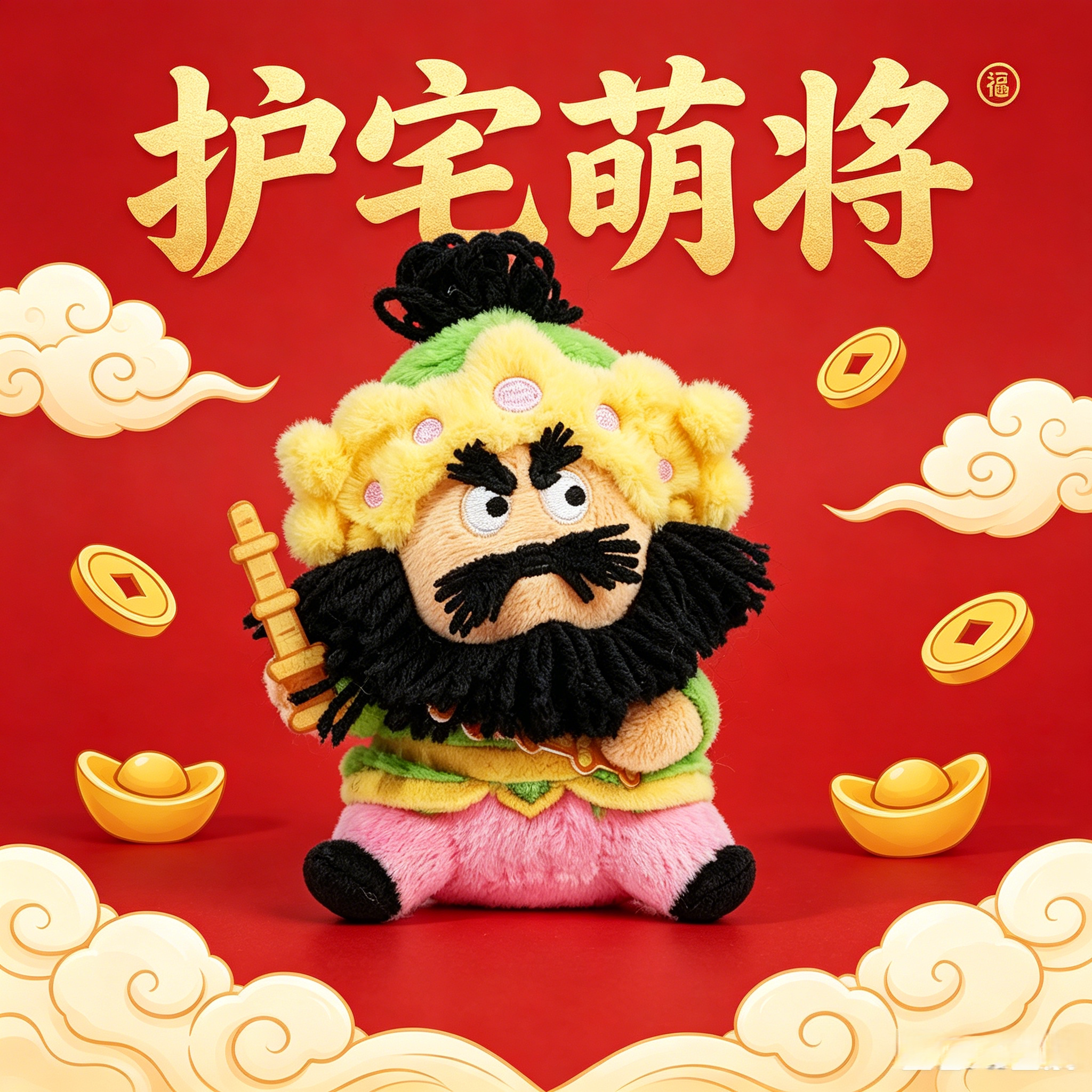 尉迟恭黑胡子毛绒玩偶国潮古风门神车载摆件创意文创守护公仔包挂