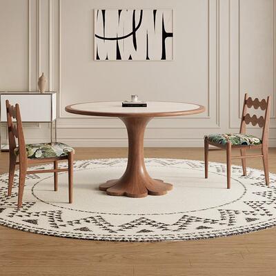 德利丰实岩板餐桌嵌小户型法式奶XXX油中古饭风家木用内圆形圆桌