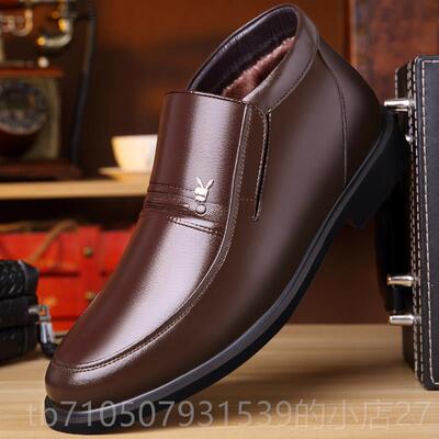 正品冬季棉鞋男加加绒暖厚中年棉皮鞋保防滑老爸人男士真皮中老年