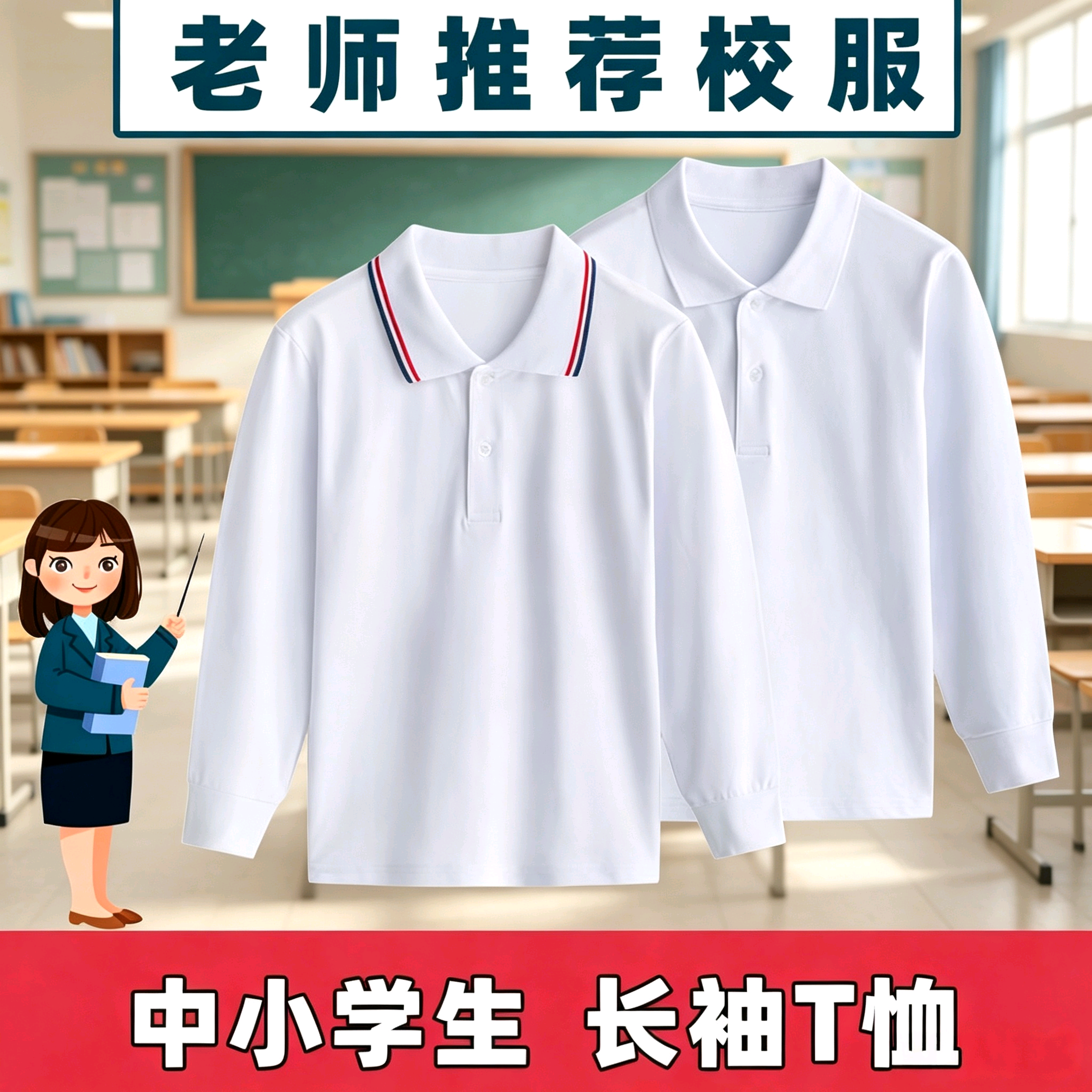 中小学生校服长袖t恤春秋翻领中大童男女白色儿童polo衫初中班服