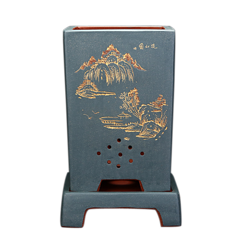 精品紫砂四方兰花盆带底座刻绘君子兰蕙春建兰桌面陶瓷家用盆景盆