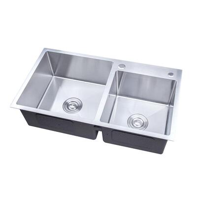 跨境电商 304不锈钢水槽双盆加厚面板台上小圆角双槽7843