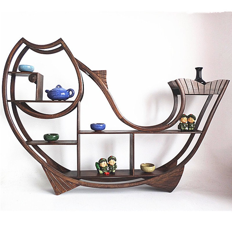 红木鱼形博古架小多宝阁实木挂壁茶具架紫砂茶壶架子盆景展示鸡翅