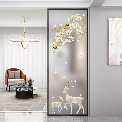 艺术玻璃入门隔断现代客厅双面屏风玄关背景磨砂透光工艺鸟语花香
