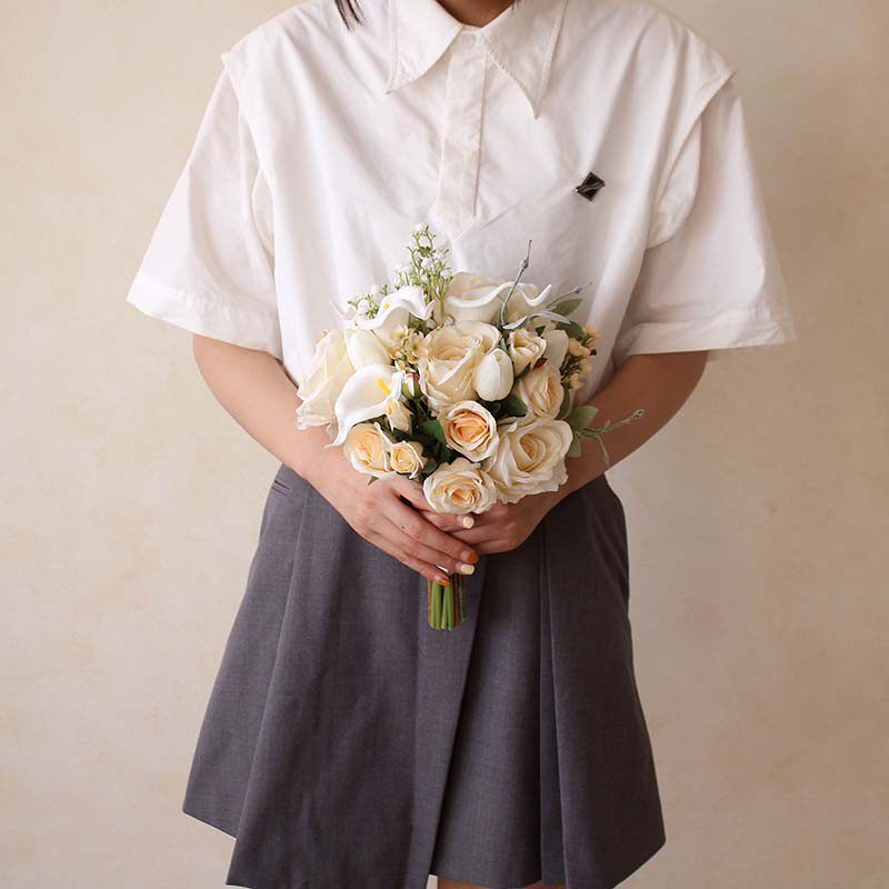 手捧花韩式新娘香槟色玫瑰 婚礼婚庆领证拍照把束花 绢花伴娘拿花
