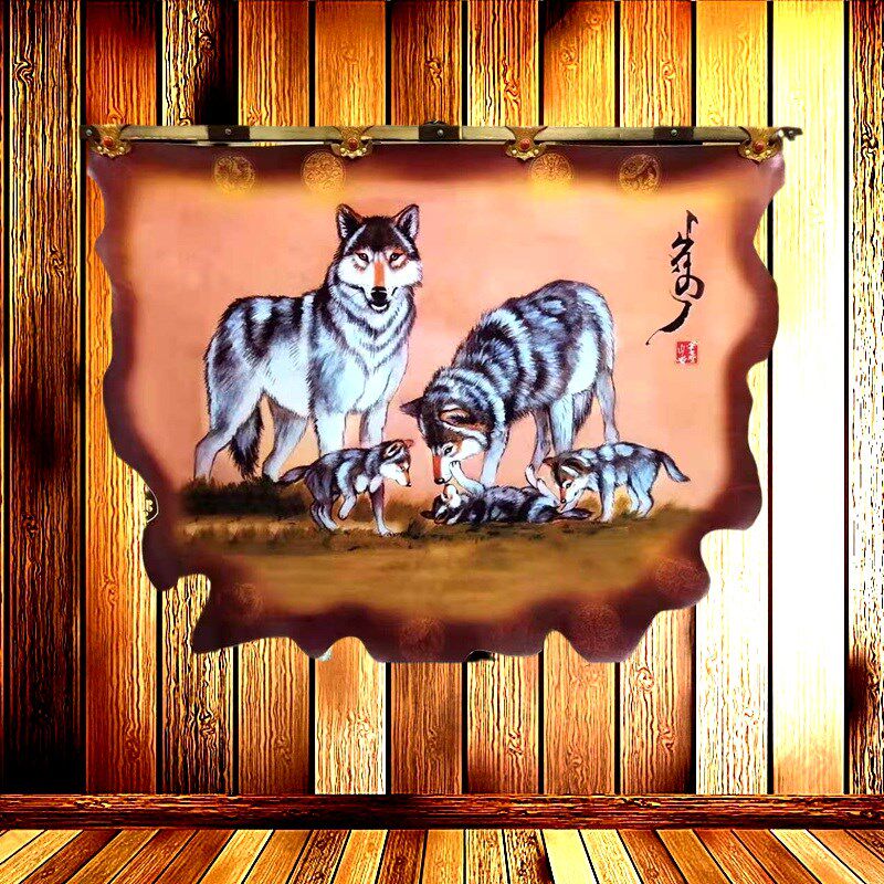 蒙古皮画特色工艺品横版成吉思汗草原挂画壁蒙古包餐厅玄关装饰画