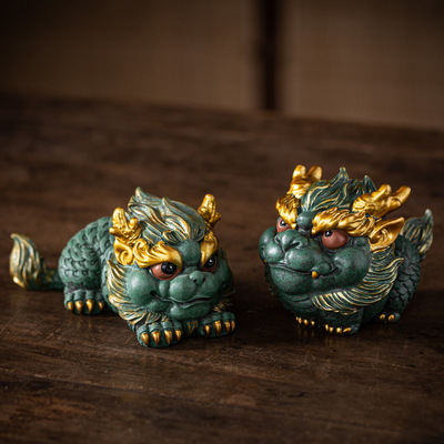 创意可爱水火麒麟公母一对彩金高档精品家居客厅桌面装饰摆件送礼
