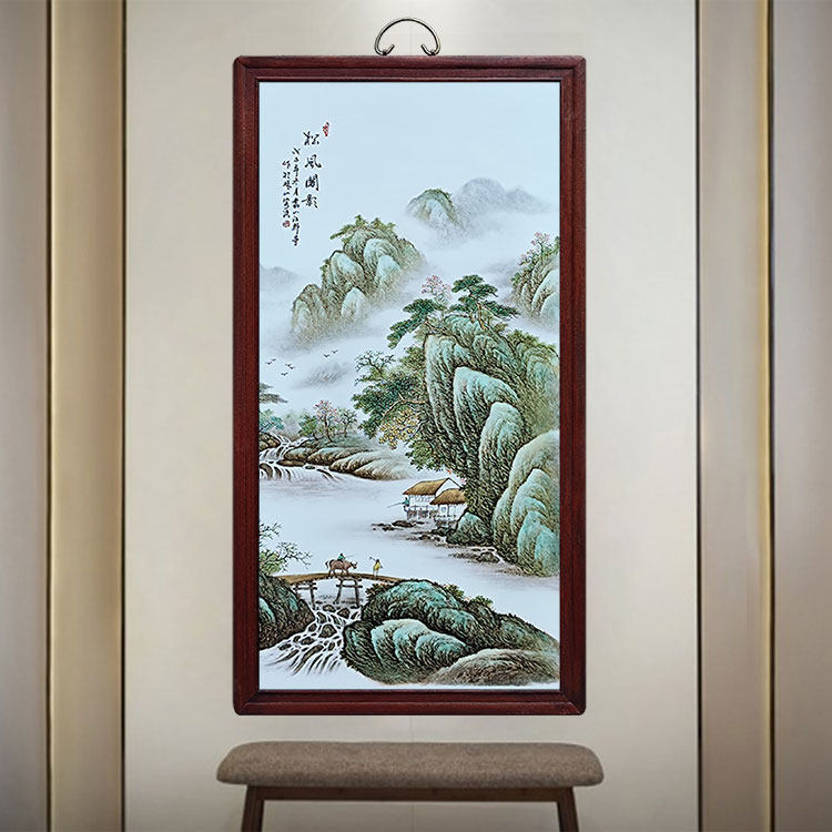 手绘瓷板画实木复古怀旧风景壁画中式客厅装饰画瓷画壁挂单幅版画