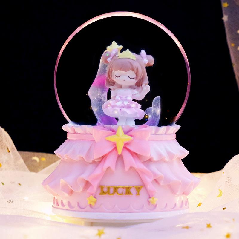 摩卡少女ins旋转自动飘雪彩灯音乐盒水晶球氛围感装饰摆件
