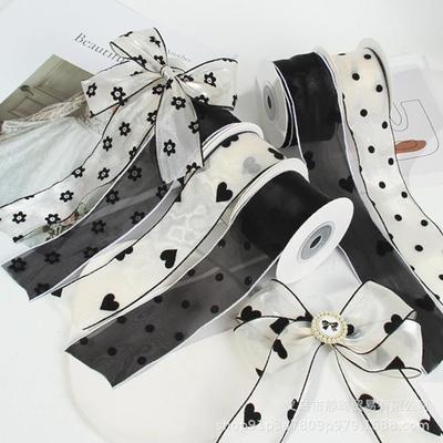 黑白波点爱心植绒小梅花纱带 diy丝带手工蝴蝶结发饰头饰发夹材料
