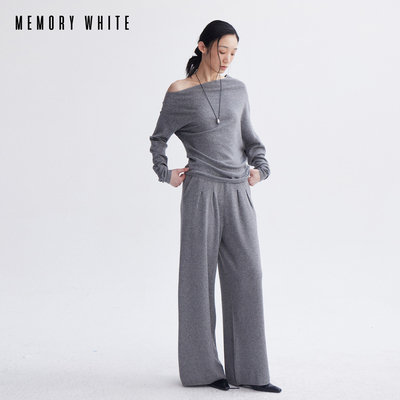 MEMORY WHITE 韩系休闲羊毛极简一字肩不对称上衣阔腿裤针织套装