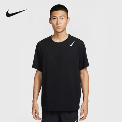 NIKE耐克Dri-FIT男T恤速干短袖小勾标志跑步网眼针织衫HJ3378-010