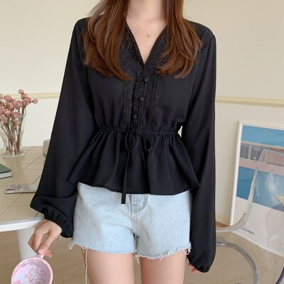 shintimes V-Neck White Blouse Sashes Casual Woman Clothes  F