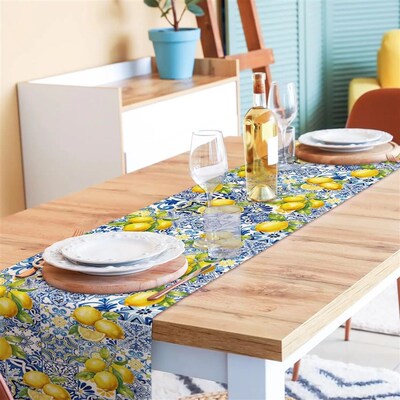 Summer Lemon Tiles Linen Table Runner Holiday Party Decor Re