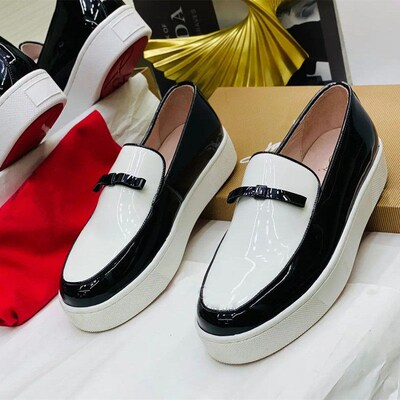 Men Vulcanized Shoes Black White  Slip-On Loafers Patent Lea