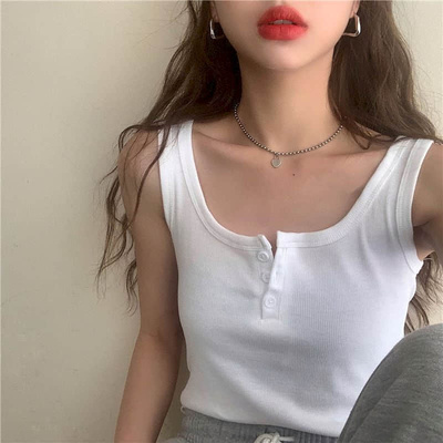 Tanks Women Pure Button Cropped Fashion Ladies Clothes Mujer