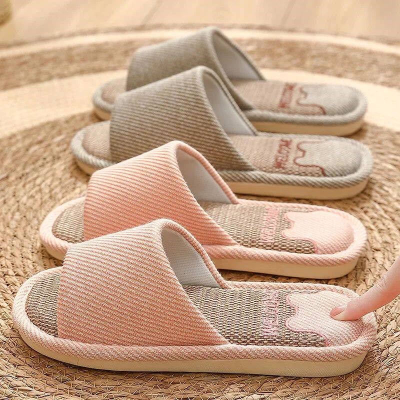 Linen Slippers Indoor Home Breathable Women Men Slides Linen