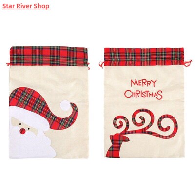 Christmas Candy Gift Bag With Drawstring Elk Pattern Reusabl