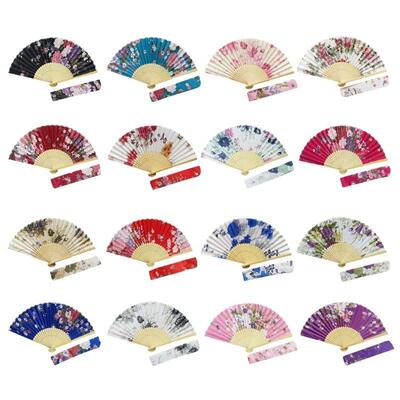 Floral Folding Hand Fan Vintage Bamboo Fans with Storage Bag