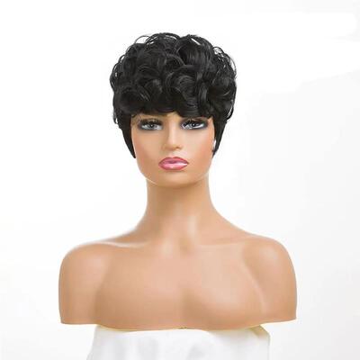 Black Short Pixie Wigs for Women Curly Natural Wavy Syntheti