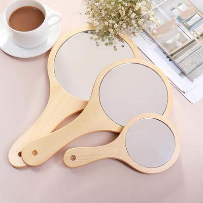 Round Wood Vintage Hand Mirror Makeup Vanity Mirror Portable