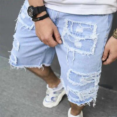 Denim Hole Knee Length Men Washed Jean Mid Waist Spliced Rip