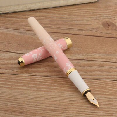 1PC Pen + 10PC Ink Metal 83 Fountain Pen Pink Flowers F Nib