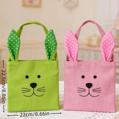 2pcsEaster Tote Bags Easter Bunny Bag With Handle Linen Rabb