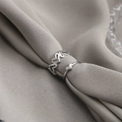 Silver Color Hollowed Heart Shape Open Ring Set Design Cute