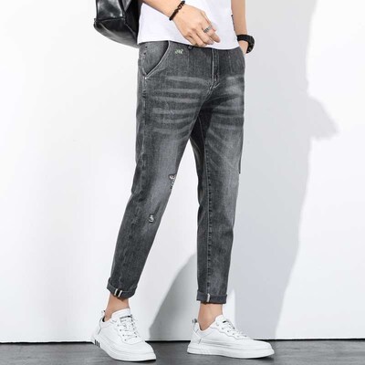 Ripped Jeans Mens Cropped Pants Slim-fit Summer Thin tendy