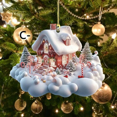Christmas Acrylic Ornaments Castle Snow House Hanging Pendan