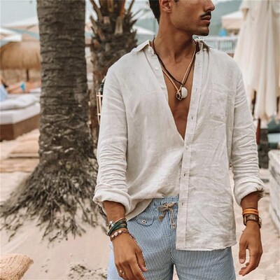 2023 Men Casual Cotton Linen ShirtsStanding Collar Male Soli