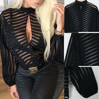 Women Mesh Net Blouse Sheer Long Sleeve Ladies Shirt Black F