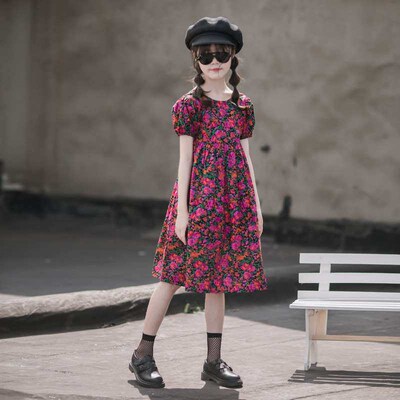 Girls Floral Dress Summer New Cotton Childrens Backless Sh