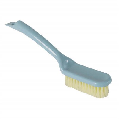 A long-handled, hangable plastic shoe brush for home use. Th