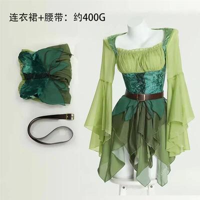 Womens elf medieval green magic elf cosplay dress with wing